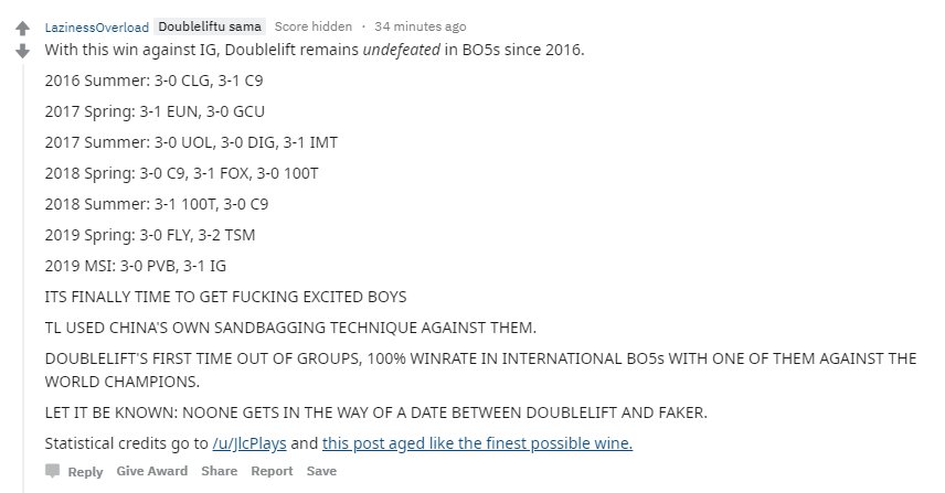 [Reddit] iG负TL：大师兄BO5百分百胜率延续了_系列赛