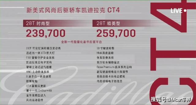 同级唯一纵置后驱！凯迪拉克CT4上市售23.97万元起_搜狐汽车_搜狐网