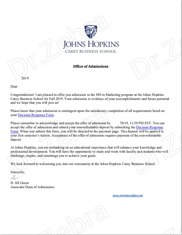 2019年约翰霍普金斯大学Johns Hopkins University (JHU) Marketing Offer 1！_斑马