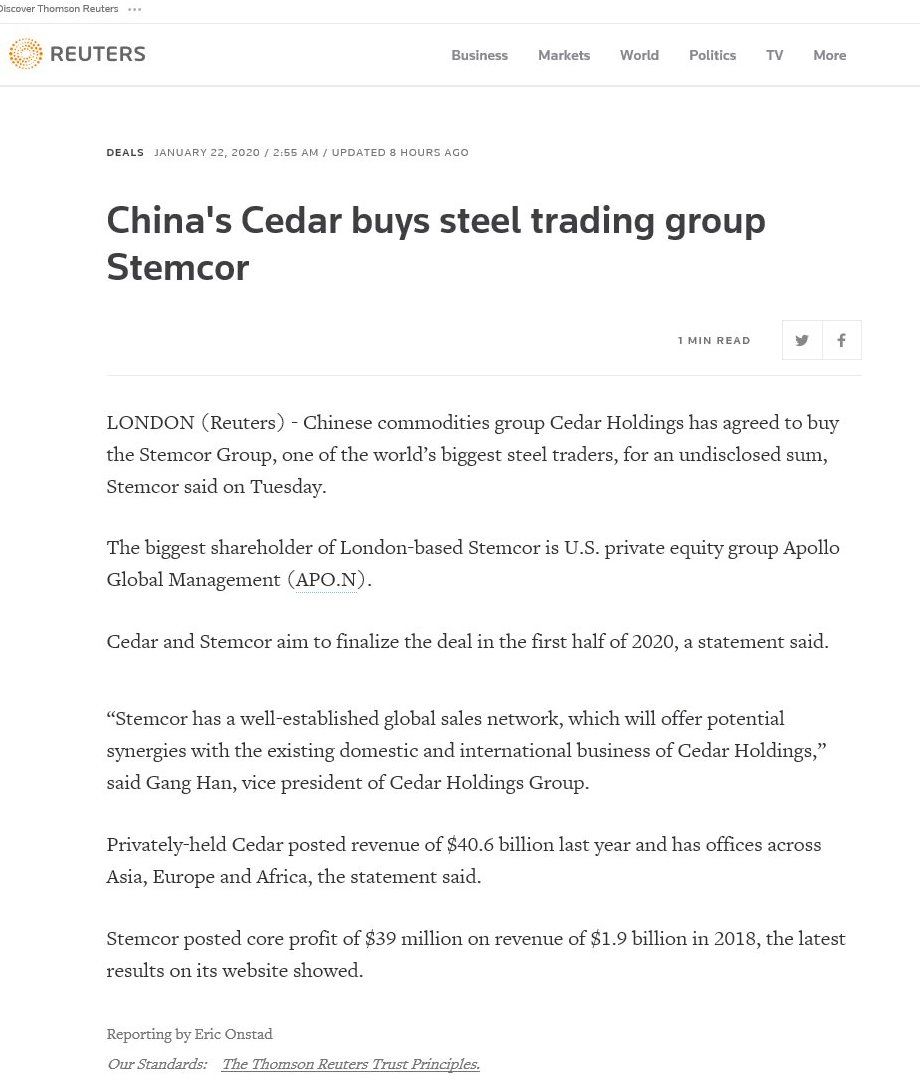 海内外主流媒体聚焦雪松控股并购全球钢贸巨头_Stemcor
