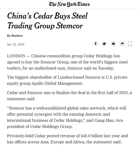 海内外主流媒体聚焦雪松控股并购全球钢贸巨头_Stemcor
